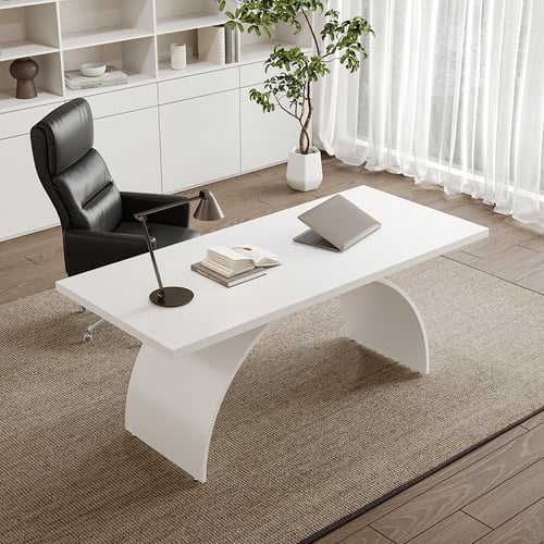 70.9" Modern White Rectangular Writing Desk Solid Wood Metal Base ...