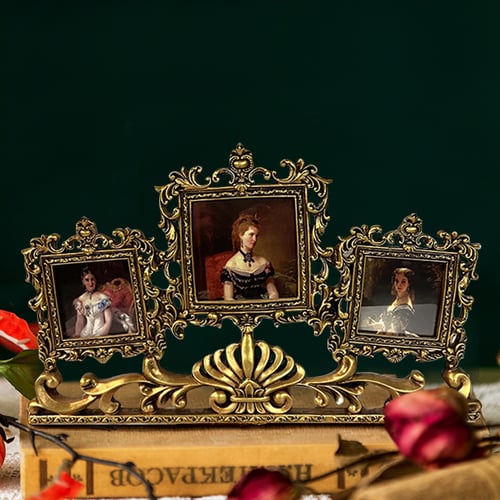 Vintage Gold Resin Carved Desktop Photo Frame Collage 3 Pictures Glass ...