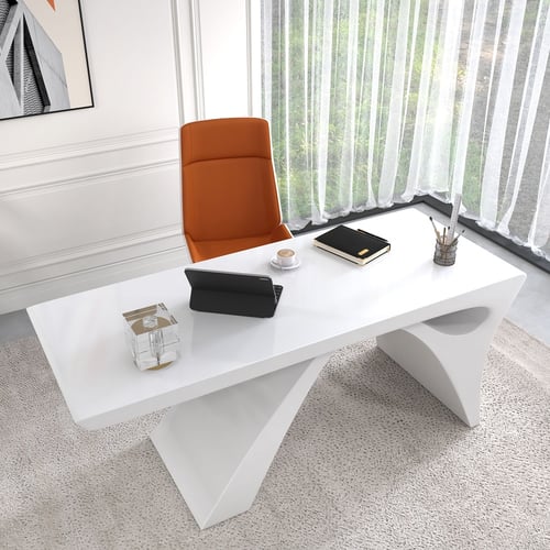 2 Pieces Concise Modern White Office Desk and Adjustable Chair | Homary