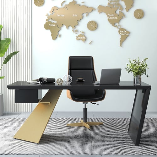 Cabstract Black and Gold Computer Desk Modern Writing Desk with Drawer ...