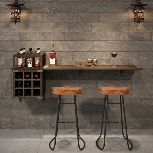 71" Wall Mounted Bar Table with Wine Bottle Storage Brown Faux Leather ...