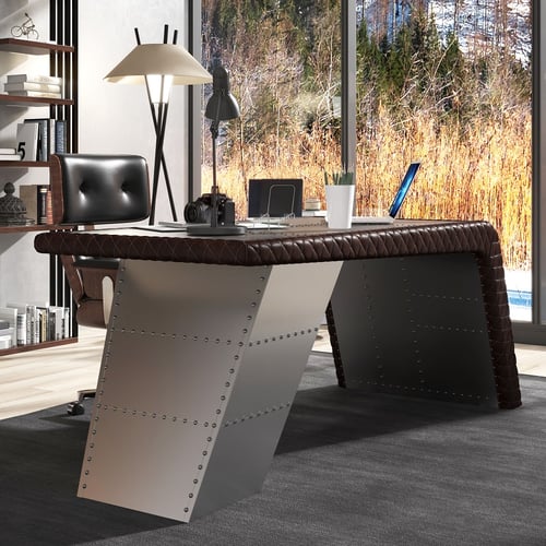 76" Aviator Desk with Storage Aluminum and Leather Office Desk | Homary