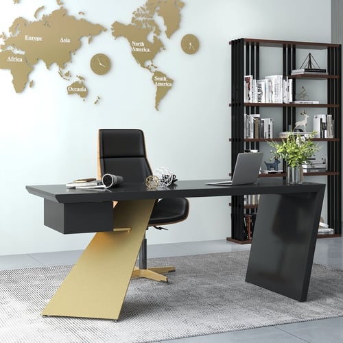 Cabstract Black and Gold Computer Desk Modern Writing Desk with Drawer ...