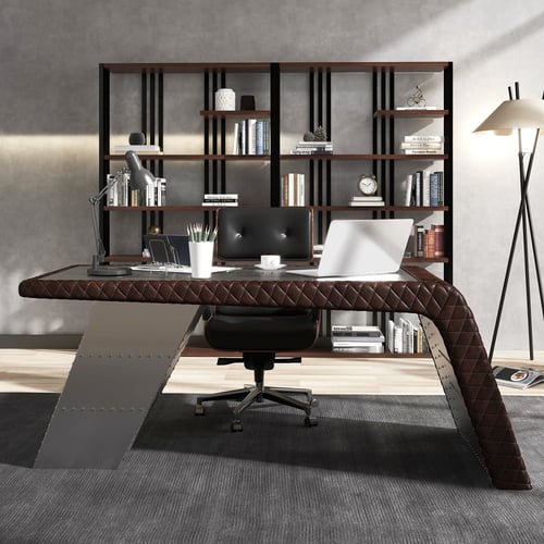 76" Aviator Desk with Storage Aluminum and Leather Office Desk | Homary