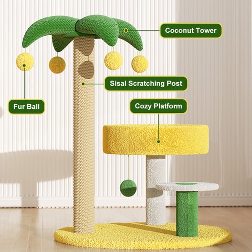 Coconut Cat Tree with Sisal Scratching Post Multi-Level Cat Tower and ...