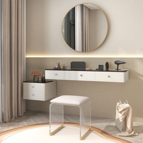 Modern Floating Makeup Vanity Set Wall Mounted Beauty Station with Side Cabinet & Stool | Homary