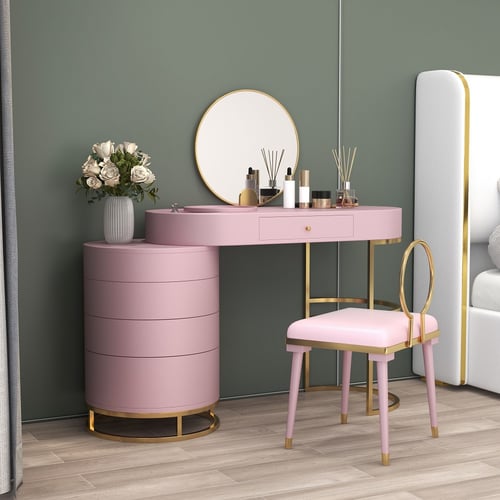 Pink Girls Makeup Vanity Set with Side Cabinet 4 Drawers Dressing Table ...