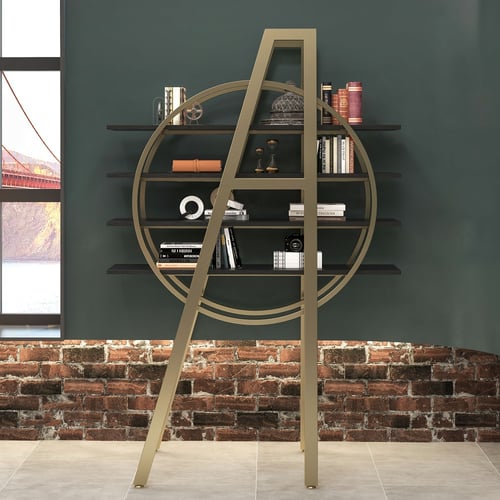 4-Tier Bookshelf Round Bookcase Modern Display Shelf in Black & Gold ...
