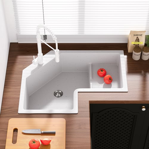 32" Modern White Drop In Corner Kitchen Sink Single Bowl Quartz ...