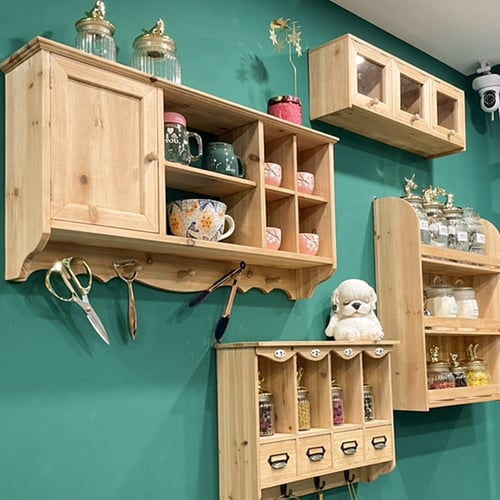 Solid Wood Wall Floating Partition Shelf Wall Cabinet with Hooks and ...