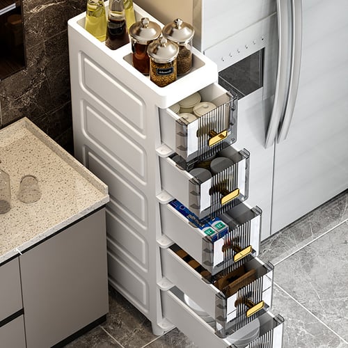 5-Tier Narrow Slim Container Cabinet White Plastic Storage with 5 ...