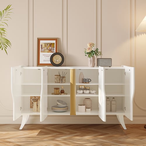59" Modern White Sideboard Buffet with Doors Curved Credenza Adjustable ...