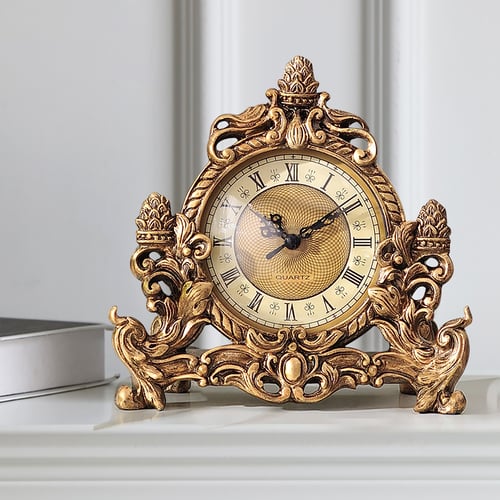 European Retro Antique Bronze Gold Carved Table Clock Home Decoration ...