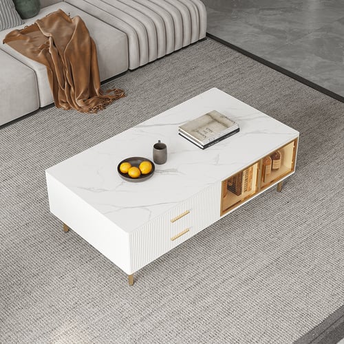 Cofab Modern White Coffee Table with 2 Glass Door Storage & 4 Drawers ...