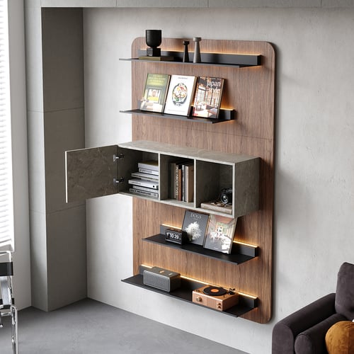 5-Tier Modern Walnut Floating Bookshelf with Storage and LED Bookcase ...