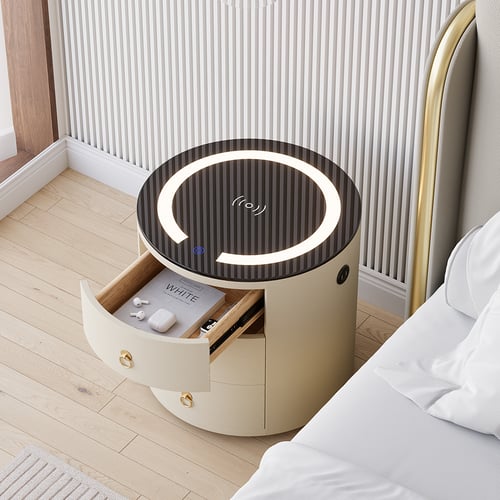 Modern Off-White Round Nightstand with Light & Wireless Charging ...
