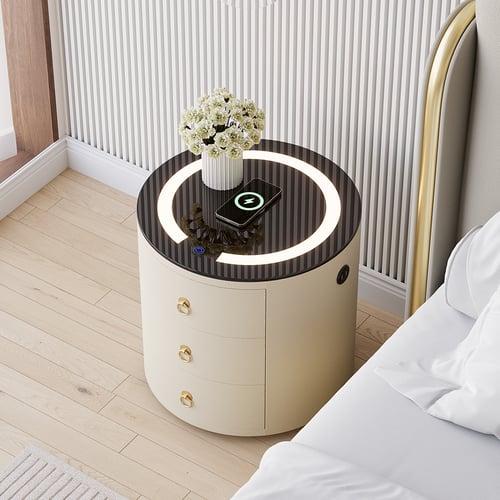 Modern Off-White Round Nightstand with Light & Wireless Charging ...