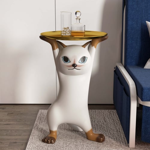 Modern Cat Side Table Floor Resin Figurine with Gold Tray End Table ...