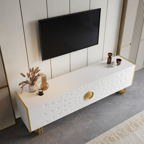 70.9" Art Deco White TV Stand with 4 Doors and 6 Shelves | Homary