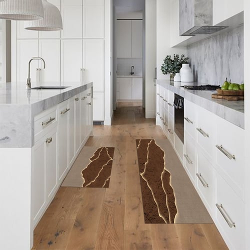 2 Pieces Modern Gold & Brown Kitchen Runner Mats Non-slip Absorbent ...