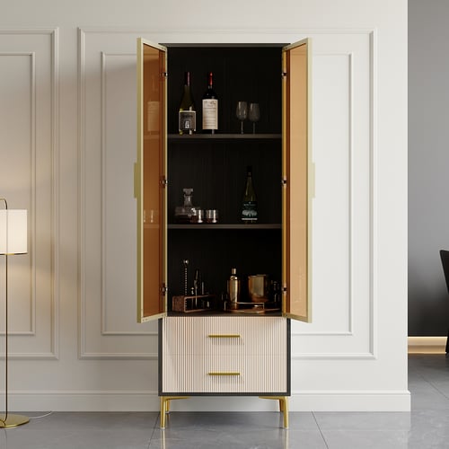 Modern Gray Bar Cabinet with Glass Doors & 2-Drawer Storage Home Bar ...