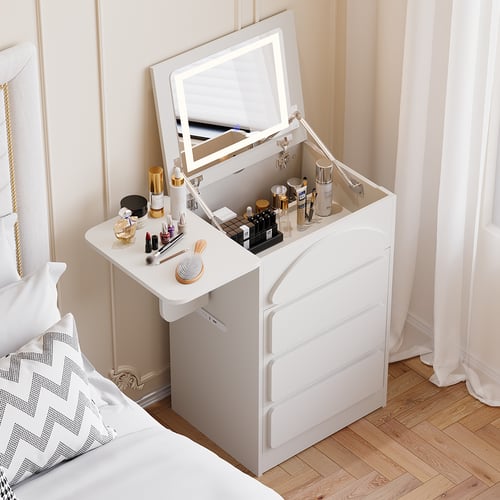 Modern White Mini Makeup Vanity Set with Charging Station Dresser with ...