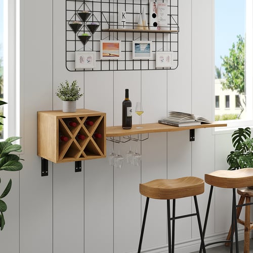 53" Live-Edge Floating Bar Table with Wine Bottle Storage Wood Pub ...