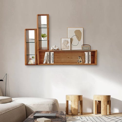 3-Piece Wall Mounted Wood Display Shelves with Mirror | Homary UK