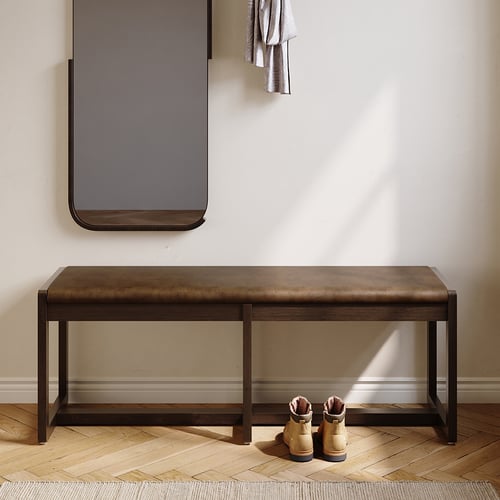 47" Mid-Century Modern Walnut Entryway Bench PU Leather Upholstered ...