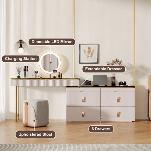 Chanor Modern Champagne Dresser Vanity Set Extendable Desk Vanity Combo ...