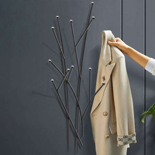 Modern 11-Hook Wall Mounted Coat Rack in Black with Tree Branch Shape ...