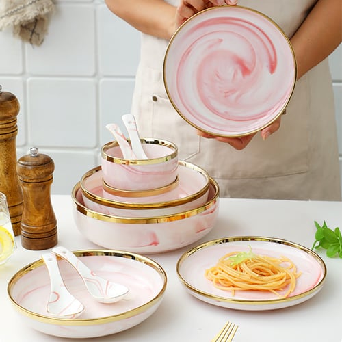 Modern Dinnerware 18-Piece Pink Ceramic Dinnerware Gold Rim | Homary