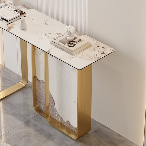 47" W Modern Sintered Stone Console Table with Gold Stainless Steel ...