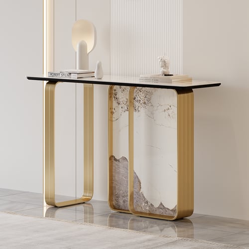 47" W Modern Sintered Stone Console Table with Gold Stainless Steel ...