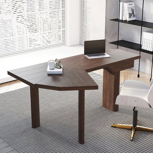 60" Japandi Walnut L-Shape Writing Desk with 1 Drawer Wood Corner Desk ...