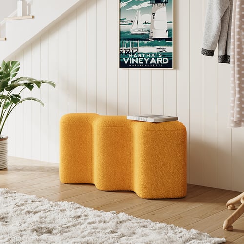 Modern Yellow Entryway Bench Boucle Upholstered Molecule Ottoman Wooden ...