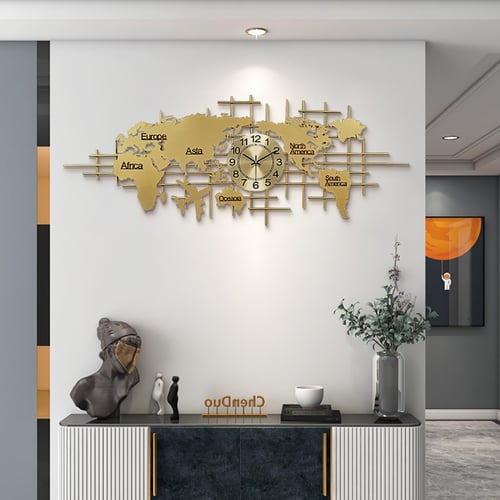 59" x 23" Luxury Oversized World Map Wall Clock Golden Metal Home Decor ...