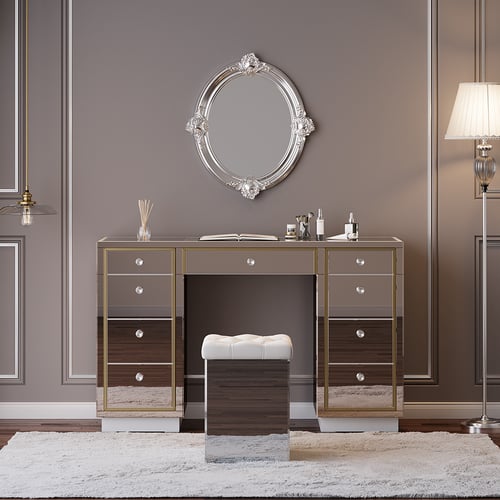 Glam Mirrored Makeup Vanity Set 9-Drawer Dressing Table with Glass Top ...