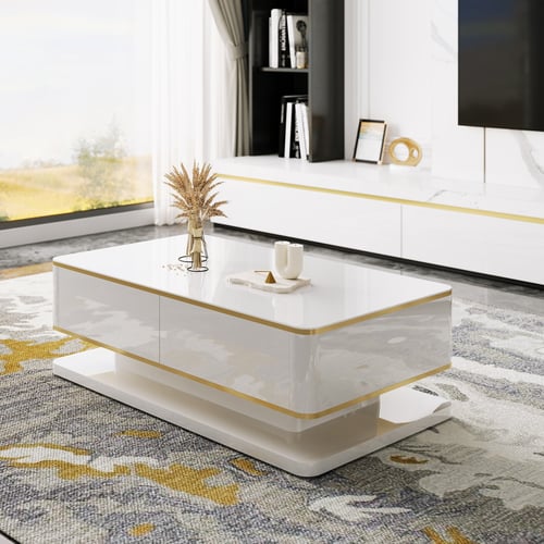 Gapn 51" White Rectangular Coffee Table with Storage 4 Drawers Tempered ...