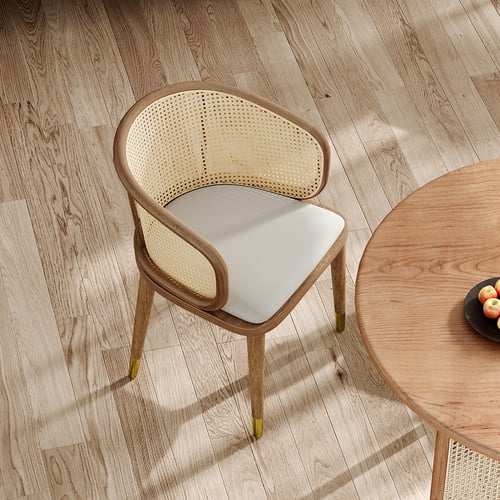 Mid-Century Modern Walnut Dining Chair Rattan Curved Back Upholstered ...