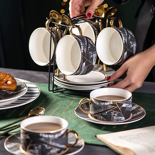 13Pcs Ceramic Cups and Saucers Set with Metal Holder Geometric Gold ...