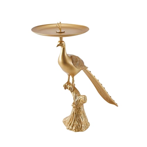Art Deco Gold Peacock End Table with Tray Top Resin Accent Table | Homary