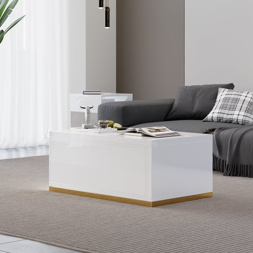 Mordelle 70.8" Modern Rectangle Glossy White Extendable Coffee Table with 2 Drawers | Homary