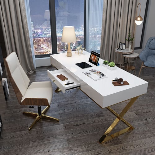 1400mm White Office Desk with Drawer Rectangular Modern Computer Desk ...