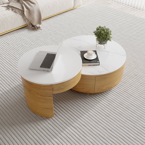 Modern Round Coffee Table with Storage Lift-Top Wood & Stone Coffee ...