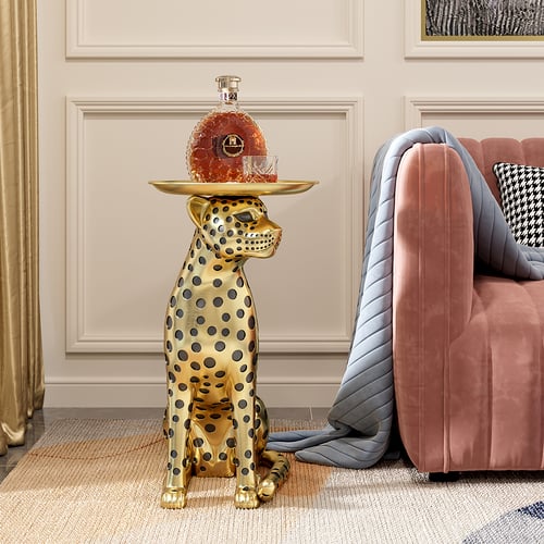 Luxury Gold Leopard Accent Side Table with Tray Top Resin Panther End ...