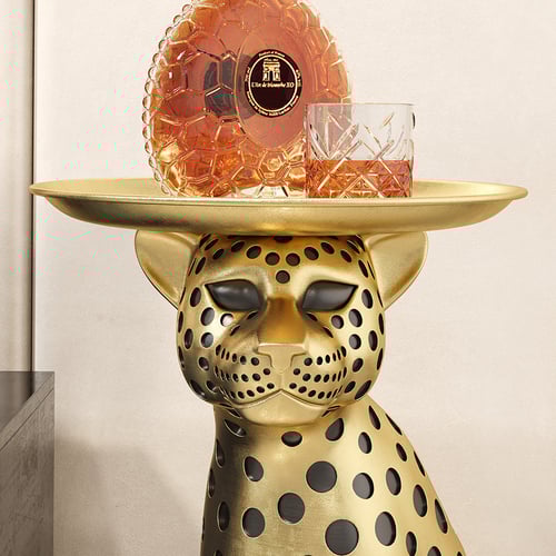 Luxury Gold Leopard Accent Side Table with Tray Top Resin Panther End ...