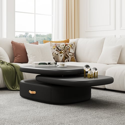 3-Tiered Modern Oval Black Pebbles Rotating Coffee Table with Storage ...