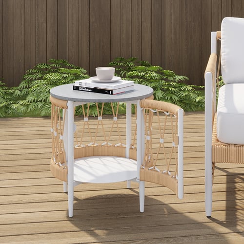 Ropipe 18.5" Round Outdoor Side Table with Storage Patio Weave Rope End ...