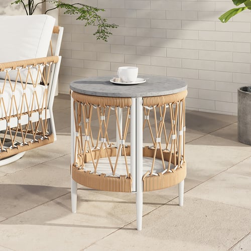 Ropipe 470mm Round Outdoor Side Table with Storage Patio Weave Rope End ...